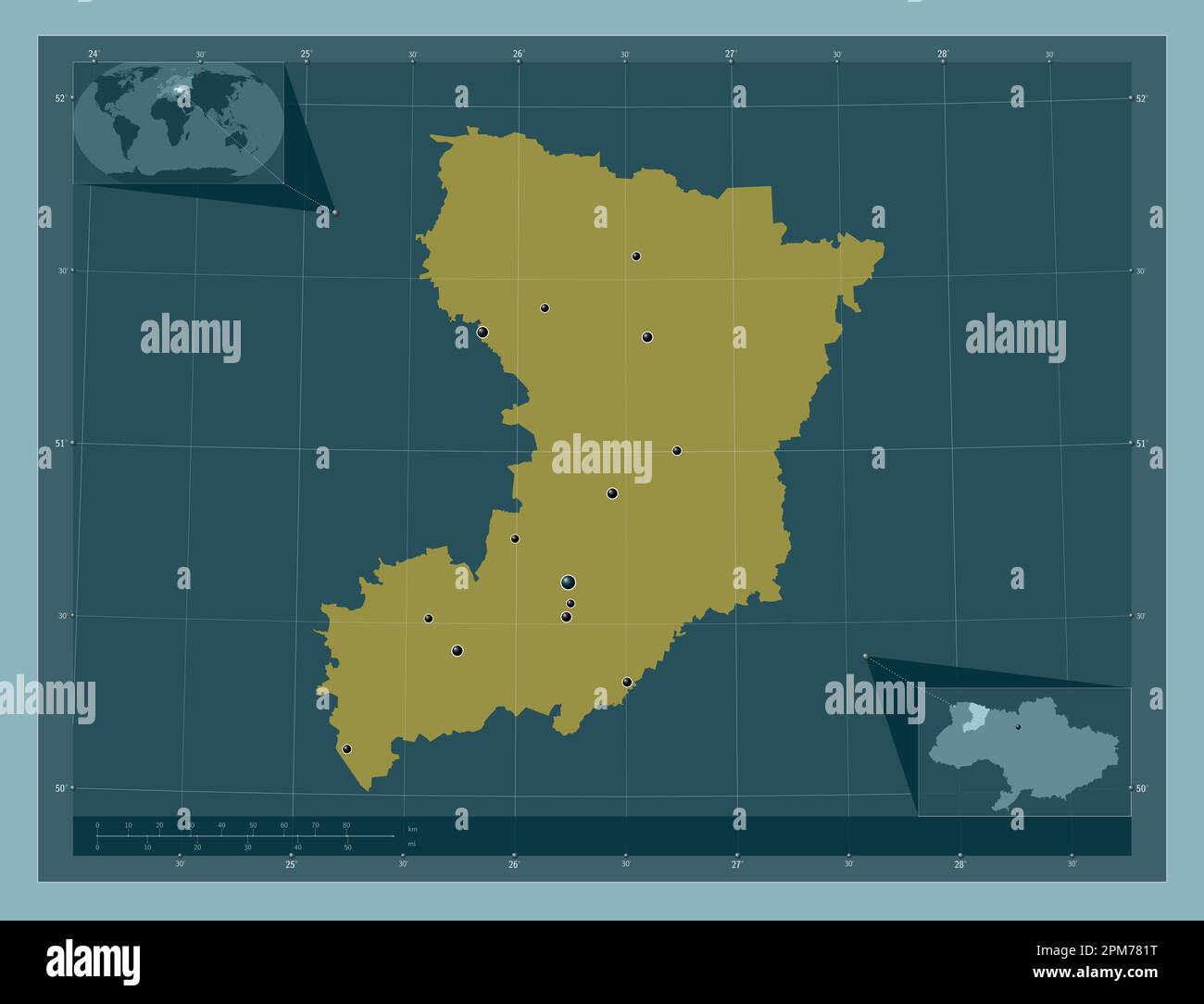 Rivne, region of Ukraine. Solid color shape. Locations of major cities ...