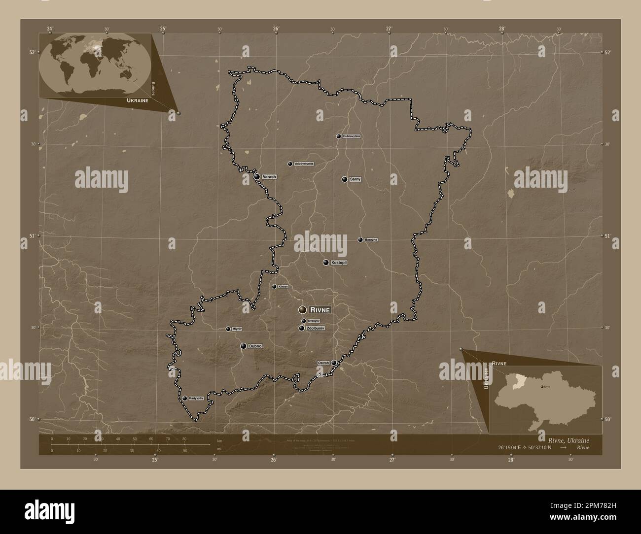 Rivne, region of Ukraine. Elevation map colored in sepia tones with ...