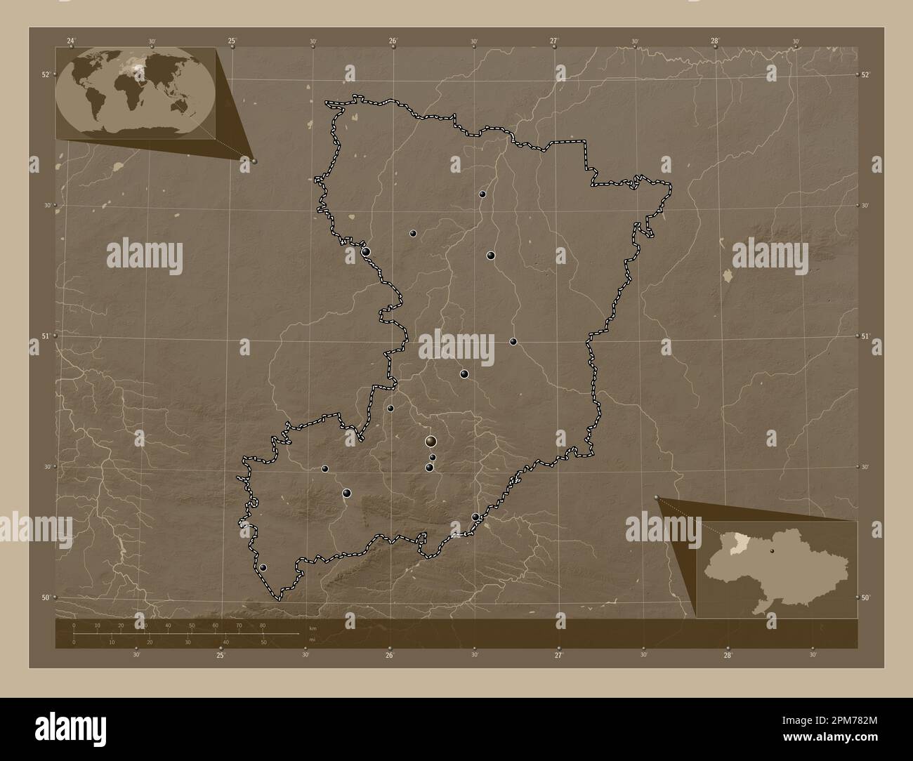 Rivne, region of Ukraine. Elevation map colored in sepia tones with ...