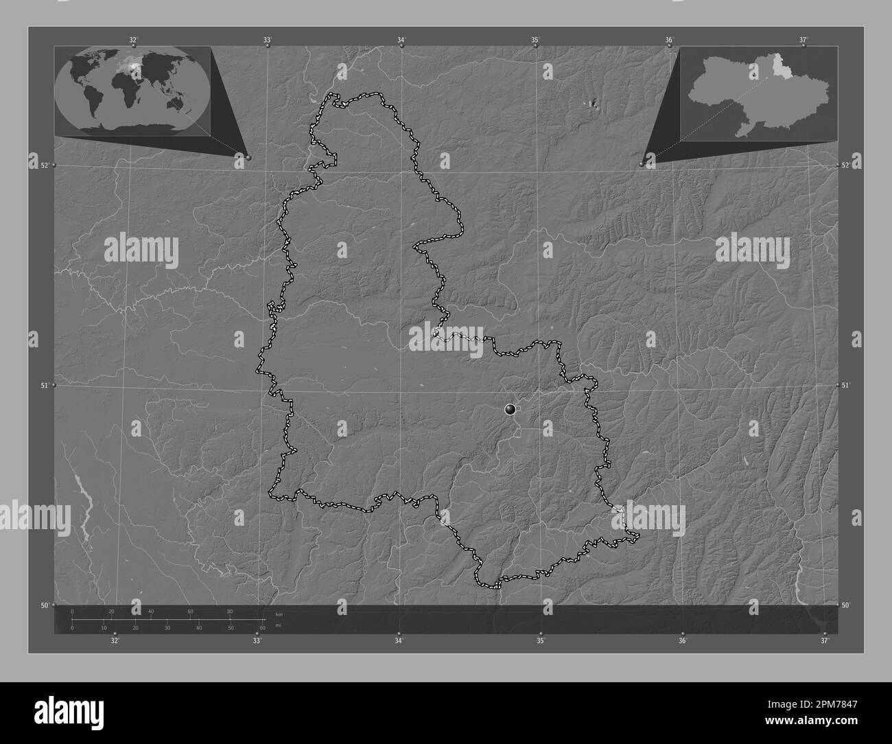 Sumy, region of Ukraine. Bilevel elevation map with lakes and rivers ...