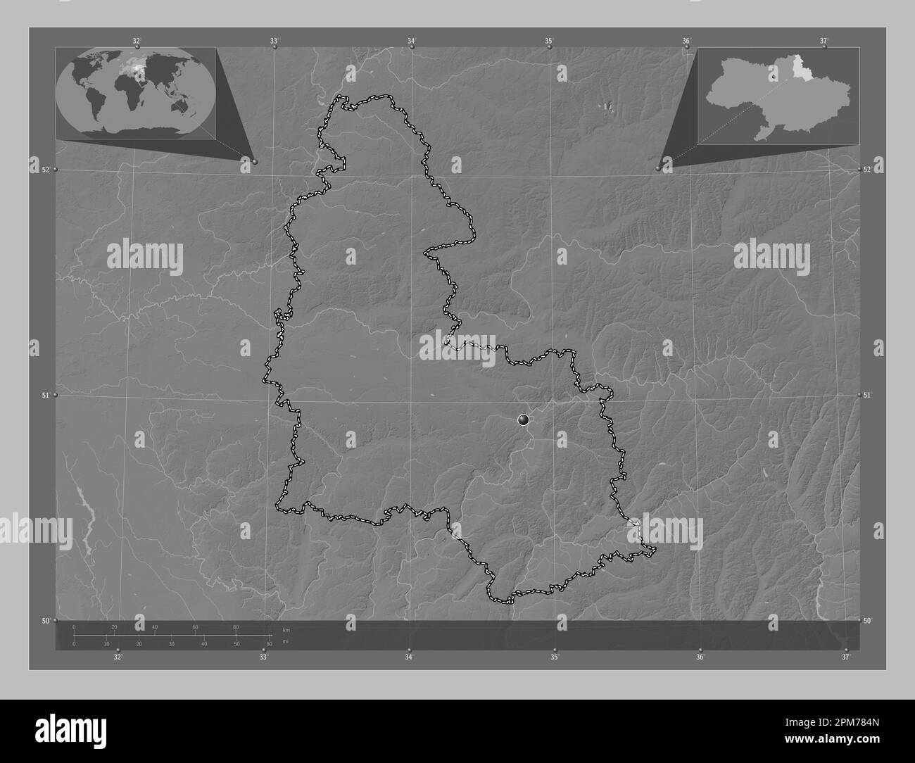 Sumy, region of Ukraine. Grayscale elevation map with lakes and rivers ...