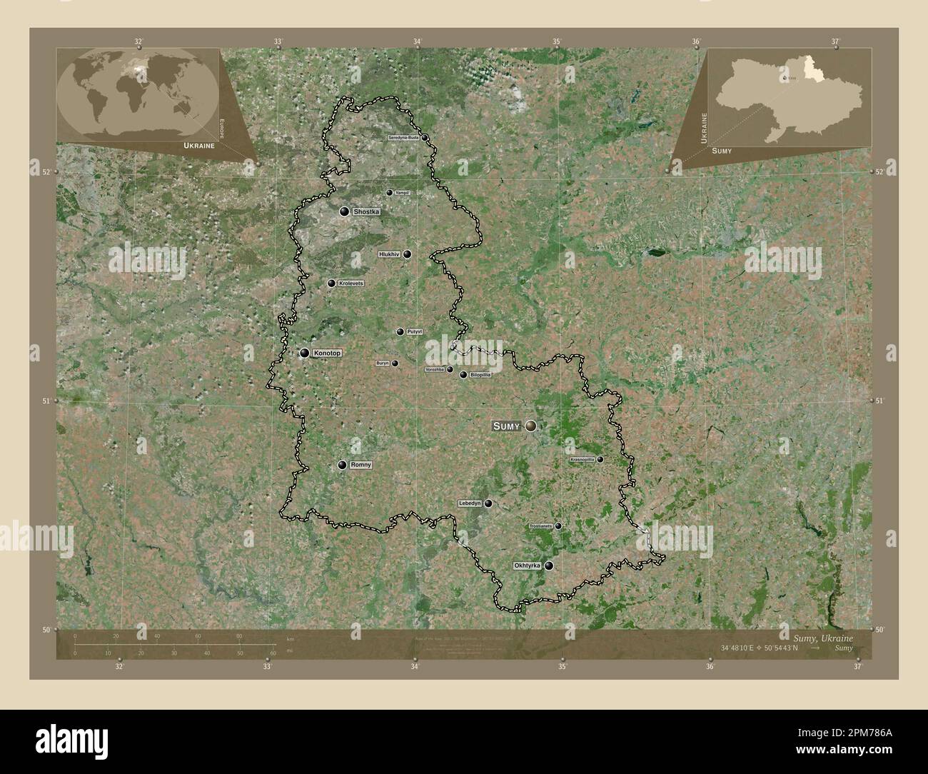 Sumy, region of Ukraine. High resolution satellite map. Locations and ...