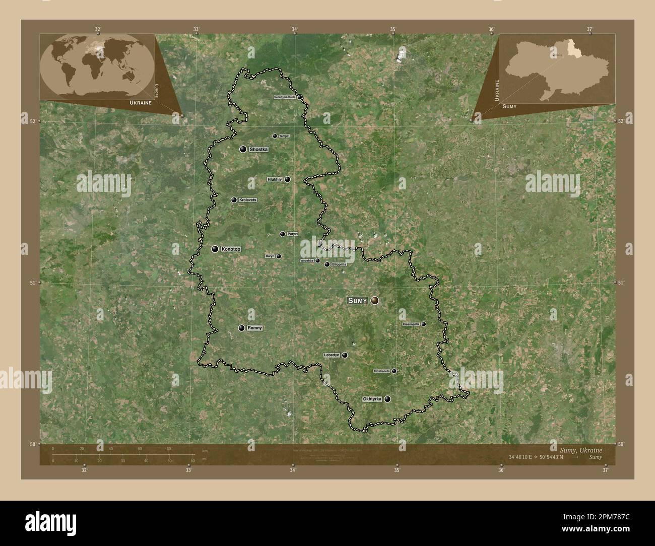 Sumy, region of Ukraine. Low resolution satellite map. Locations and ...