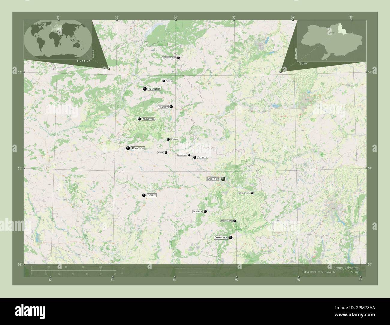 Sumy, region of Ukraine. Open Street Map. Locations and names of major ...