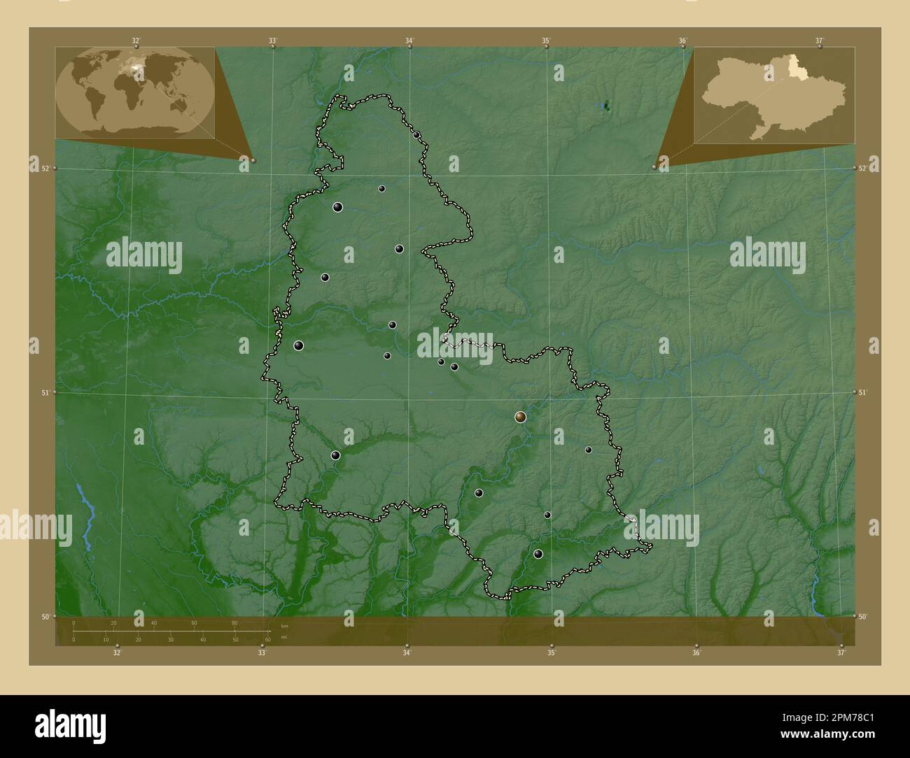 Sumy, region of Ukraine. Colored elevation map with lakes and rivers ...