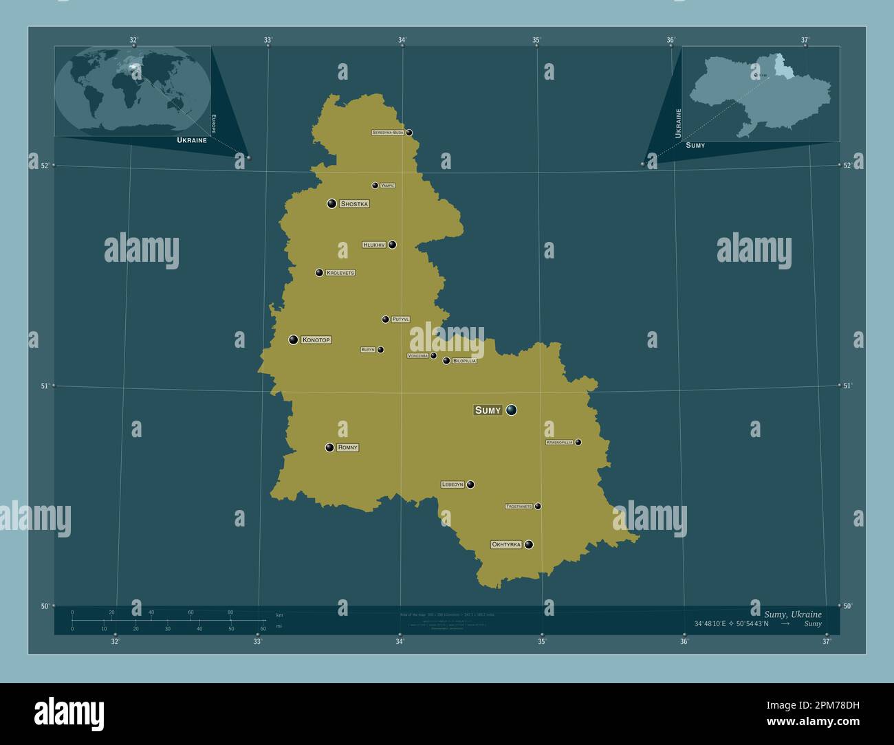 Sumy, region of Ukraine. Solid color shape. Locations and names of ...