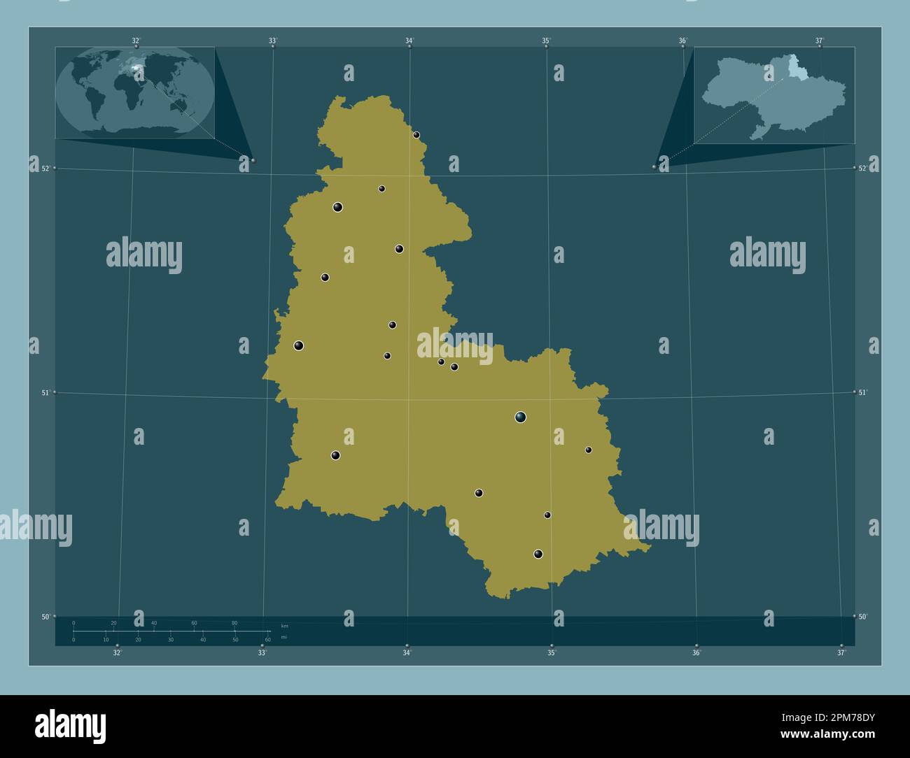 Sumy, region of Ukraine. Solid color shape. Locations of major cities ...