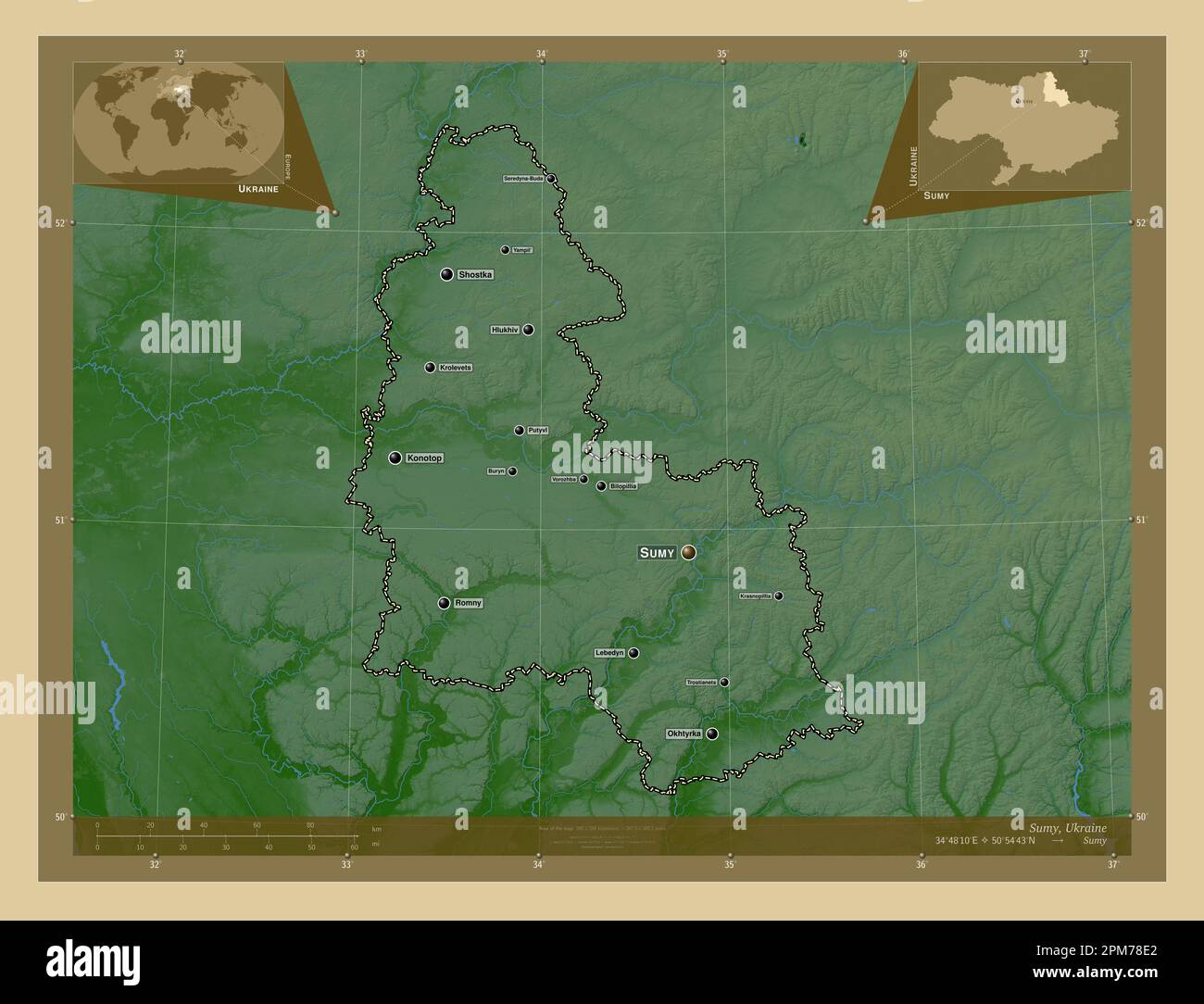 Sumy, region of Ukraine. Colored elevation map with lakes and rivers ...