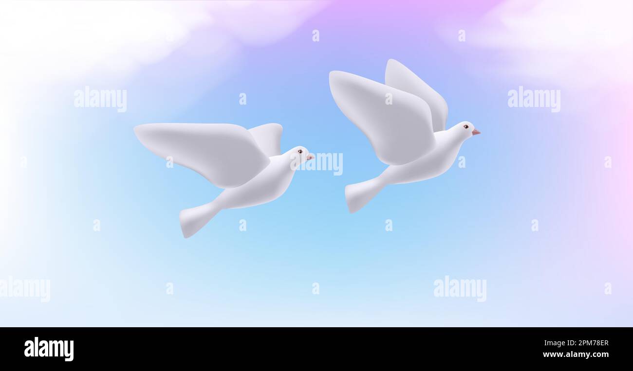 3d illustration of two doves flying in the sky. Symbol of peace ...