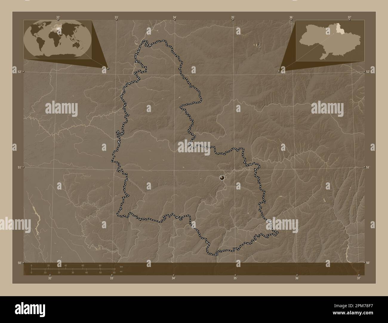 Sumy, region of Ukraine. Elevation map colored in sepia tones with ...