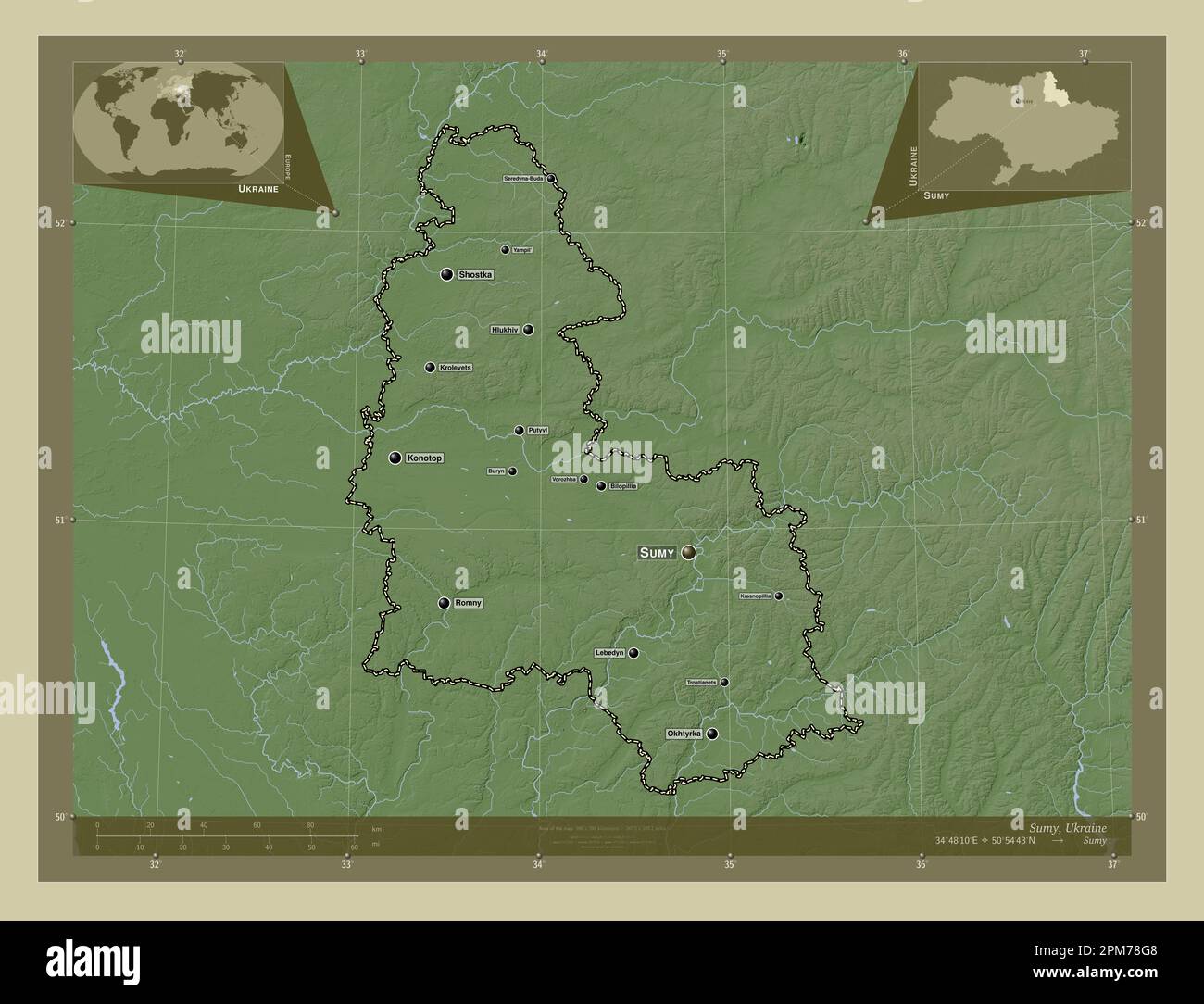 Sumy, region of Ukraine. Elevation map colored in wiki style with lakes ...