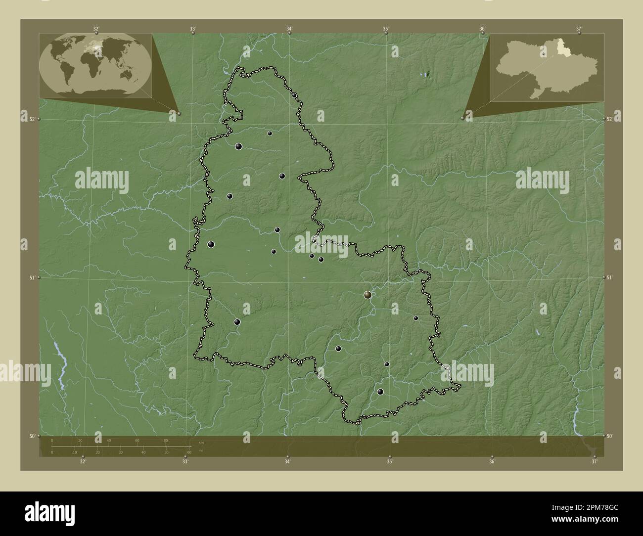 Sumy, region of Ukraine. Elevation map colored in wiki style with lakes ...