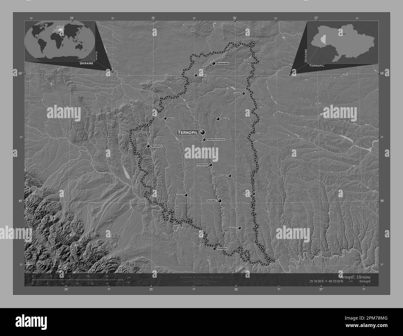 Ternopil', region of Ukraine. Bilevel elevation map with lakes and ...