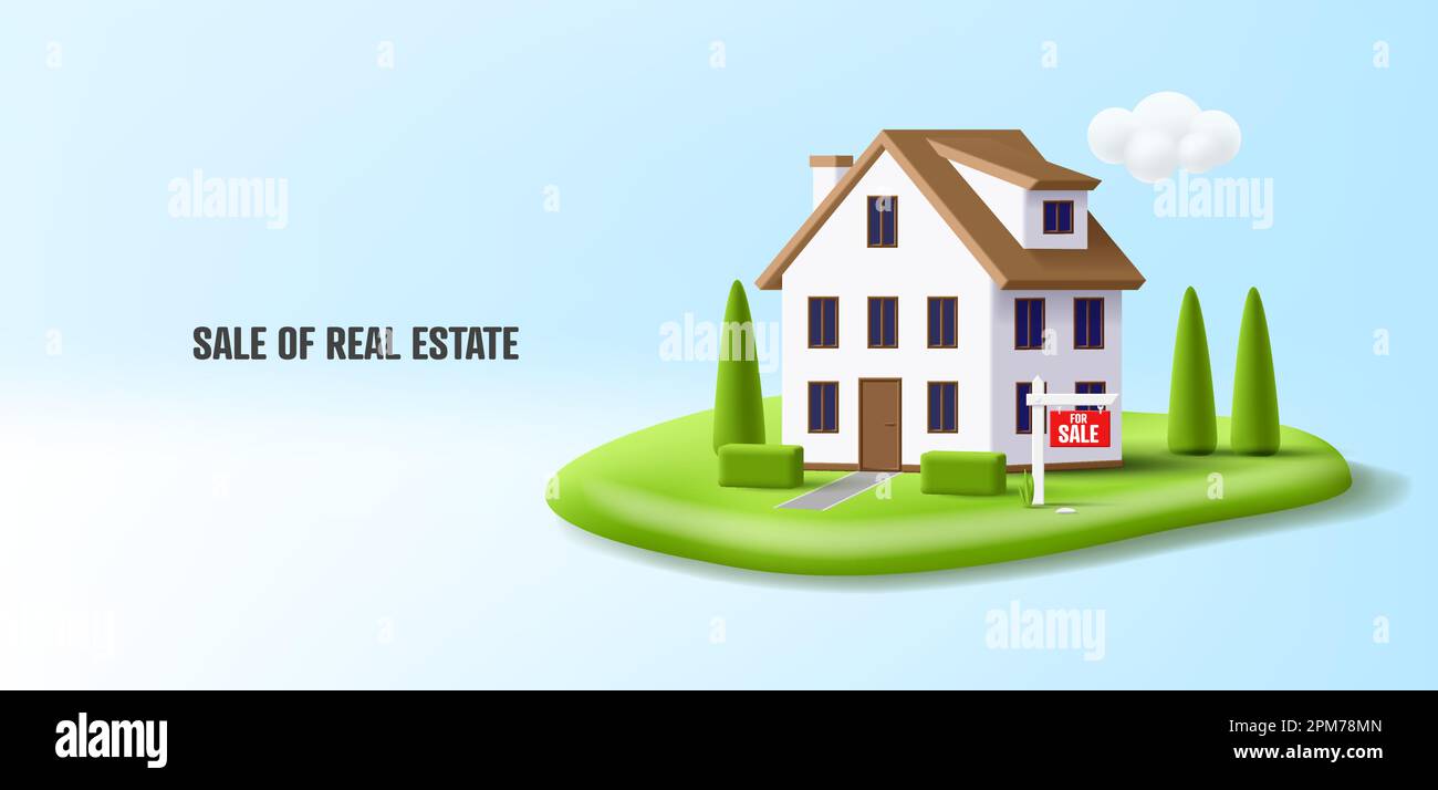 real estate 3d illustration of house with for sale sign on green grass ...