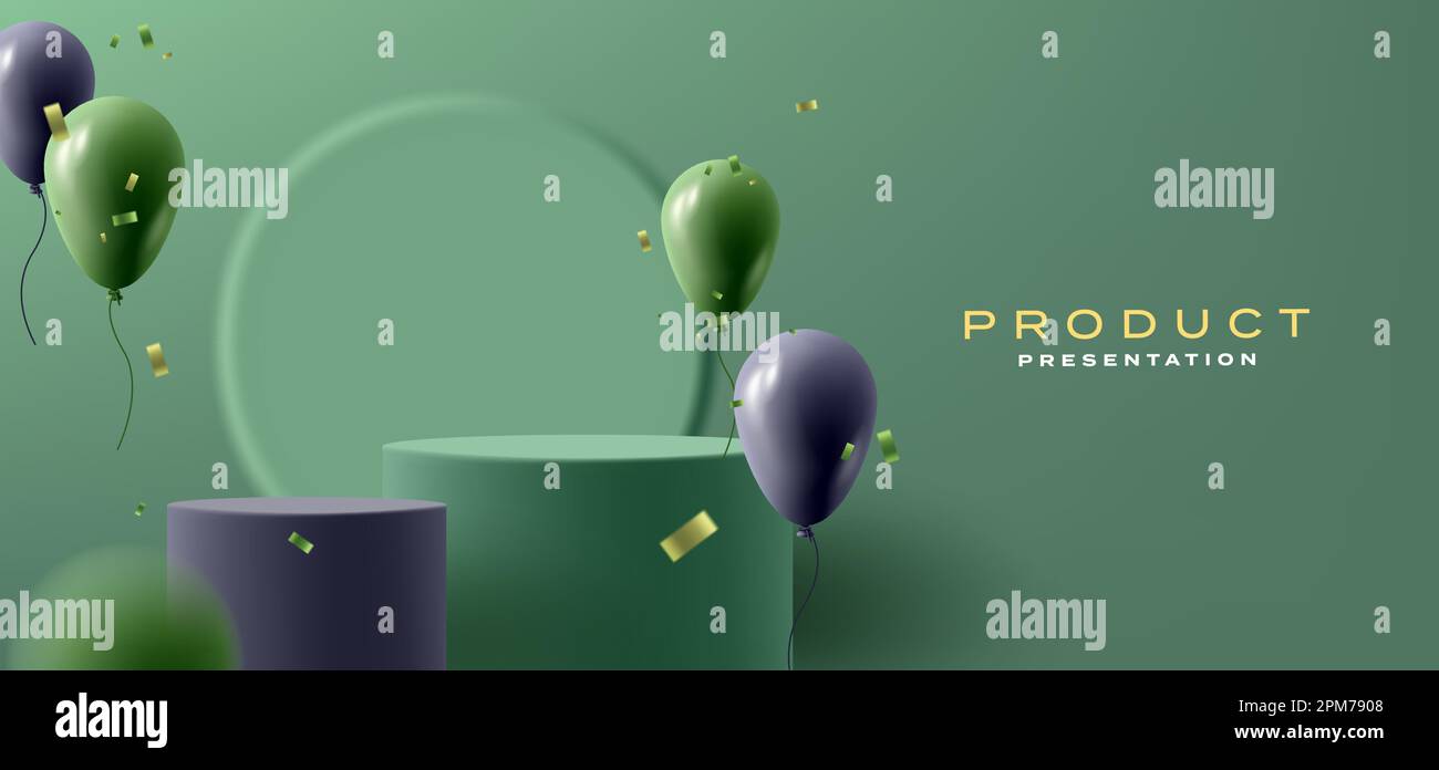 Product placement banner with cylinder podium in green and black colors ...