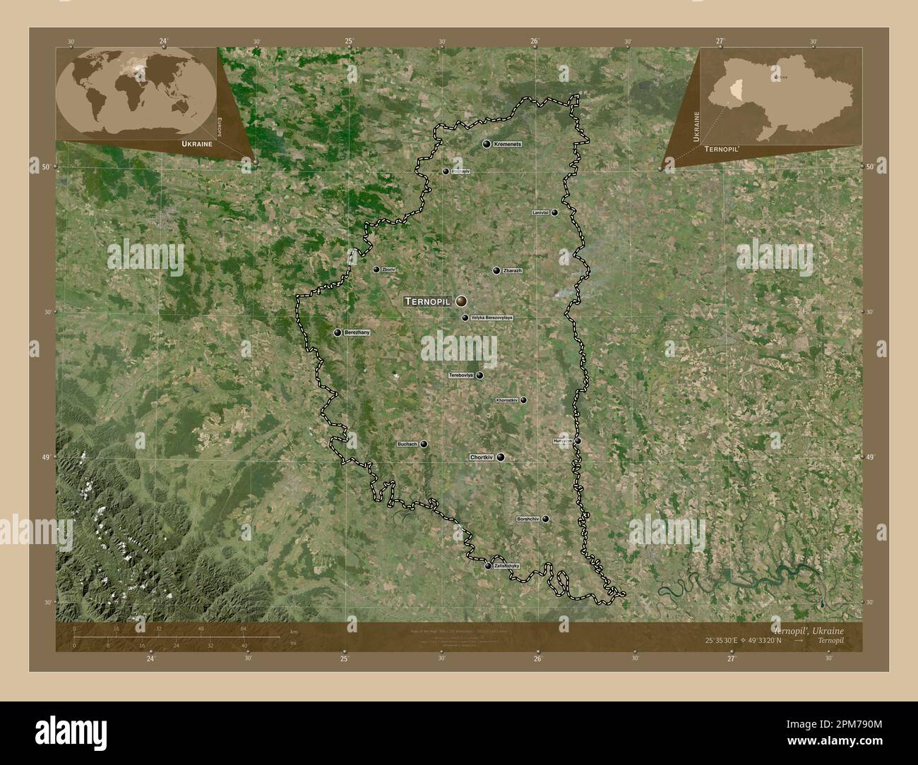 Ternopil', region of Ukraine. Low resolution satellite map. Locations ...