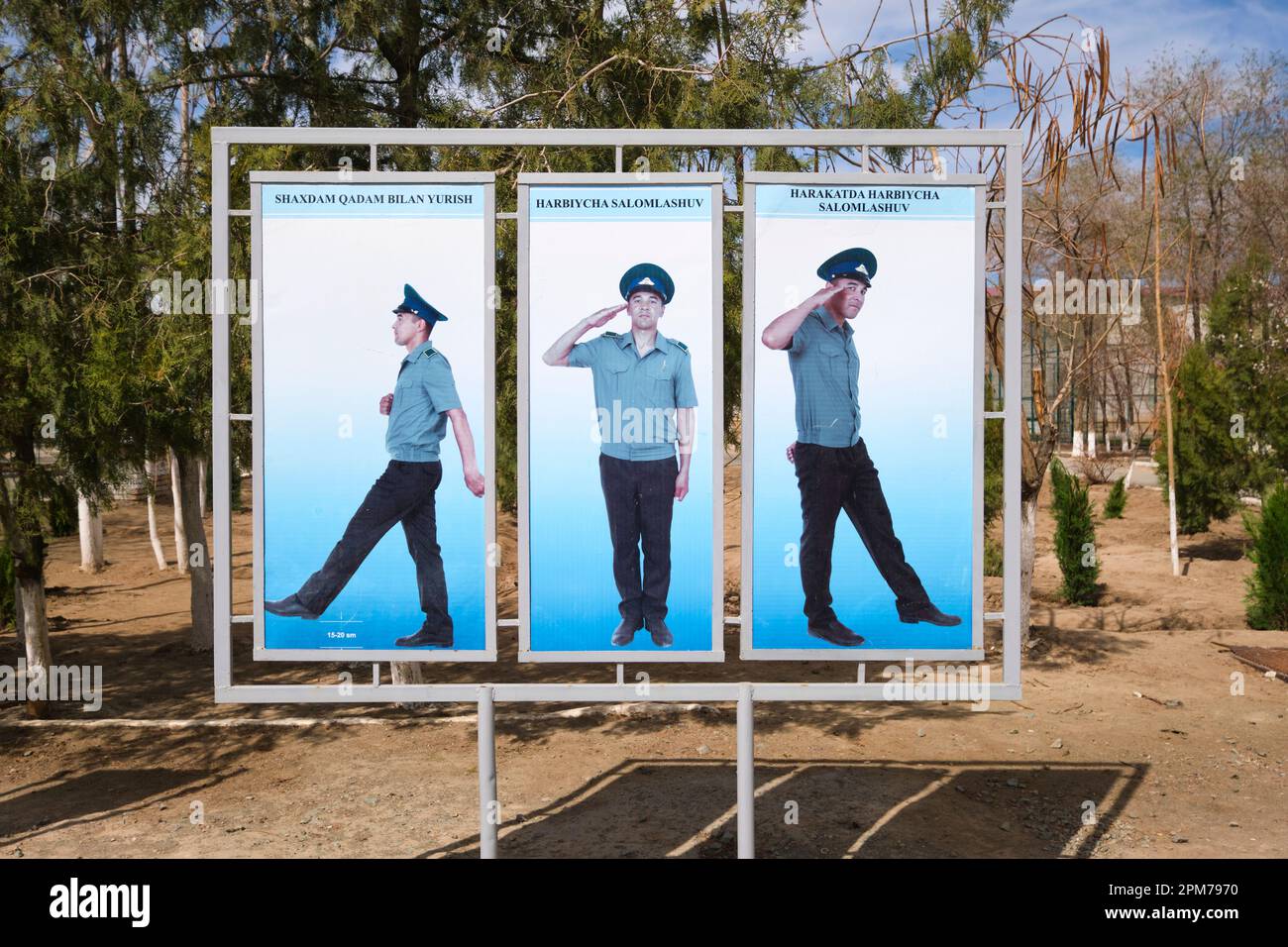 A set of signs, pictures, demonstrating the proper way to walk, salute ...