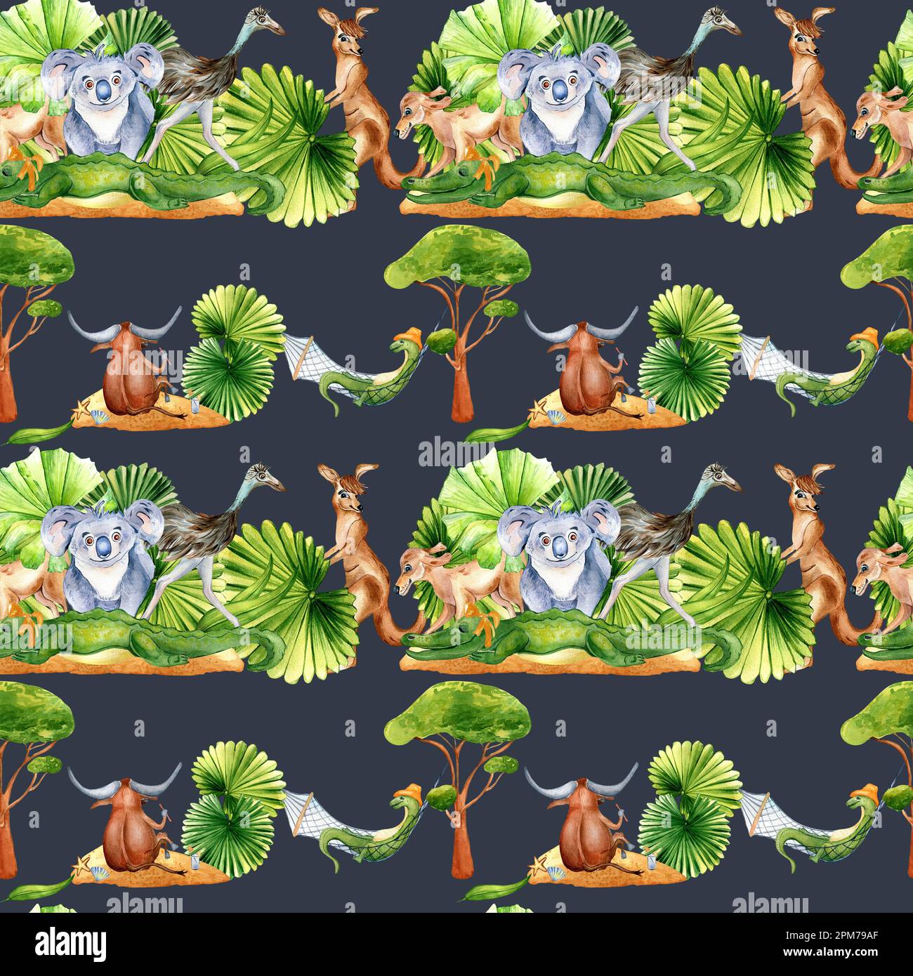 Seamless pattern of cartoon animals watercolor isolated on black. Cute ...