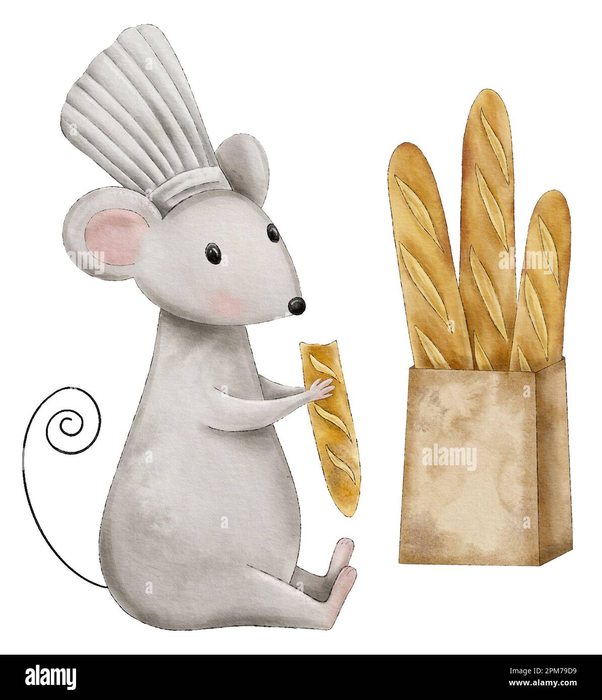 Watercolor cute mouse-baker eats a baguette, a bag of French baguettes ...