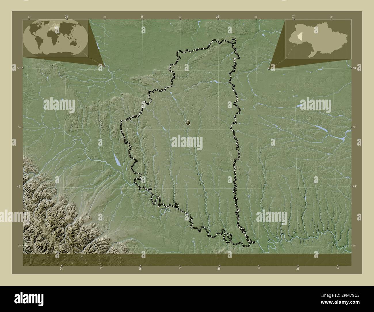 Ternopil', region of Ukraine. Elevation map colored in wiki style with lakes and rivers. Corner ...