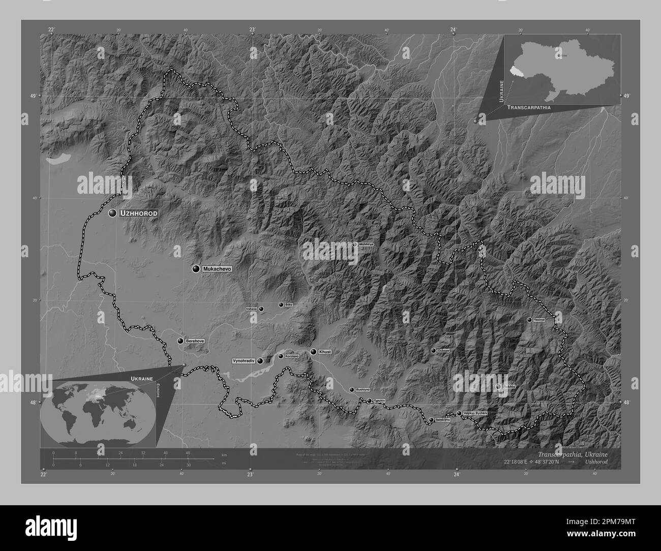 Transcarpathia, region of Ukraine. Grayscale elevation map with lakes ...