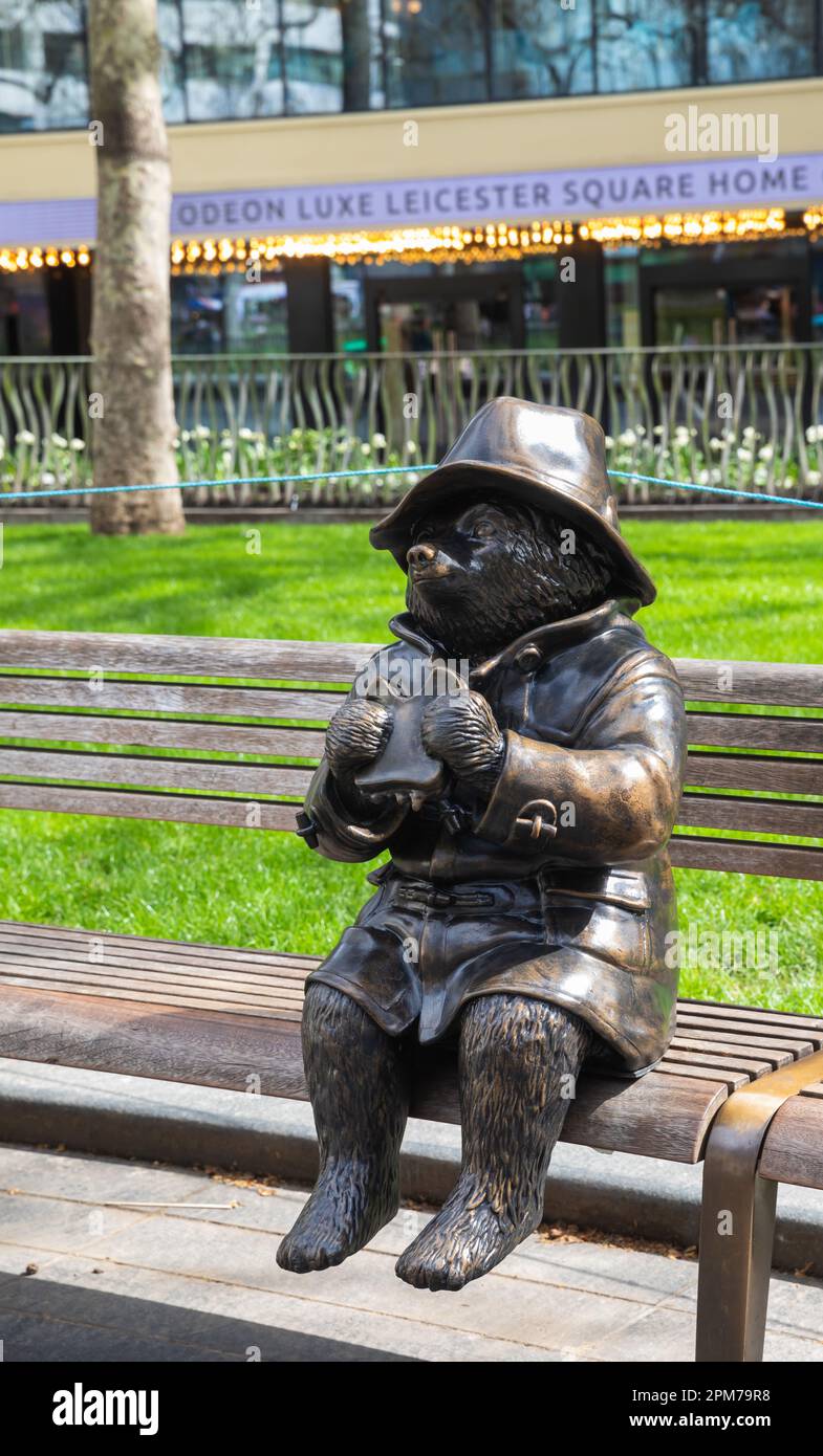 Bronze Statue of Paddington Bear on a bench in Leicester Square, London ...