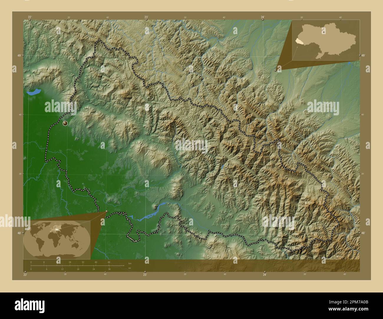 Transcarpathia, region of Ukraine. Colored elevation map with lakes and ...
