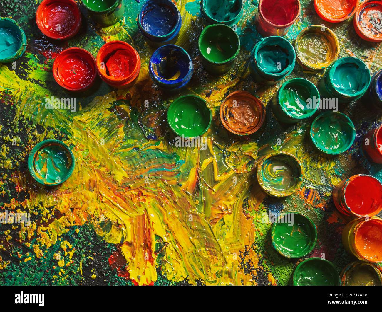 Acrylic colors, palette in the art studio. Colorful, multi color ...