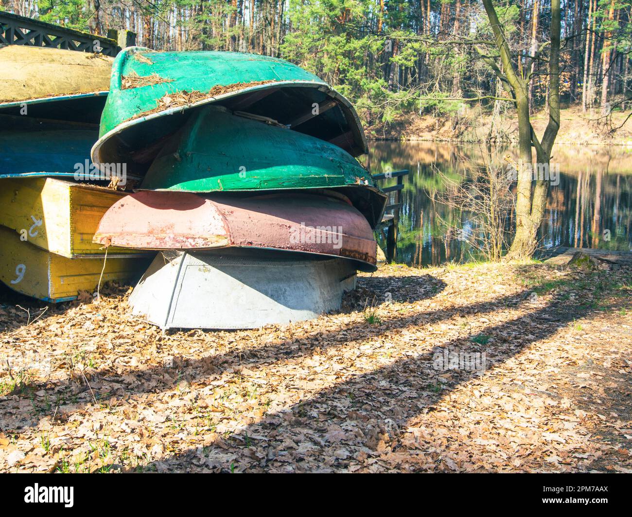 Boats on the coast of forest river Stock Photo - Alamy