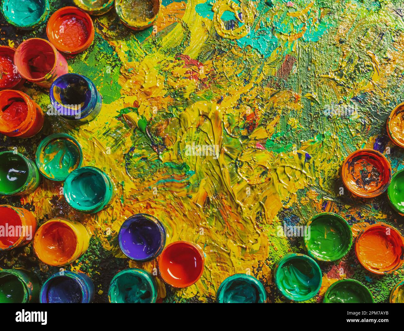 Acrylic colors, palette in the art studio. Colorful, multi color ...