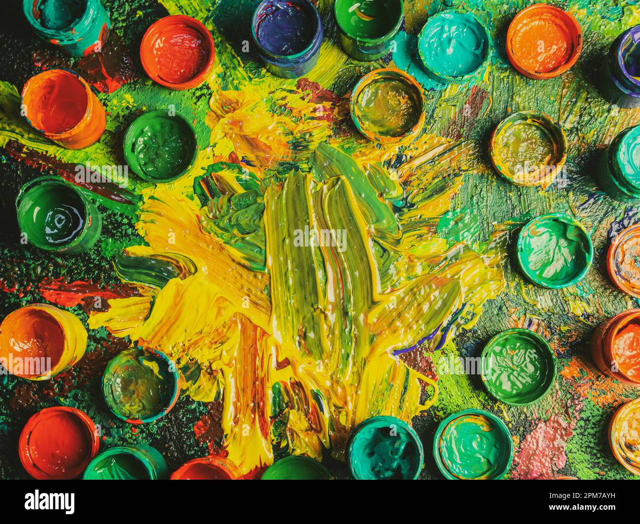 Acrylic colors, palette in the art studio. Colorful, multi color ...