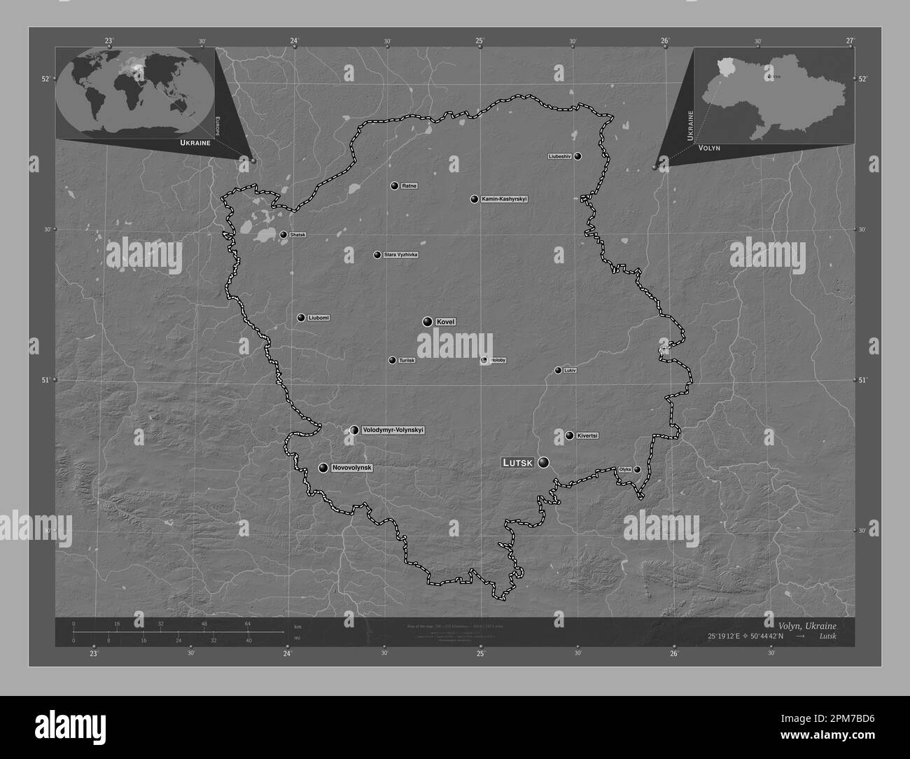 Volyn, region of Ukraine. Bilevel elevation map with lakes and rivers ...