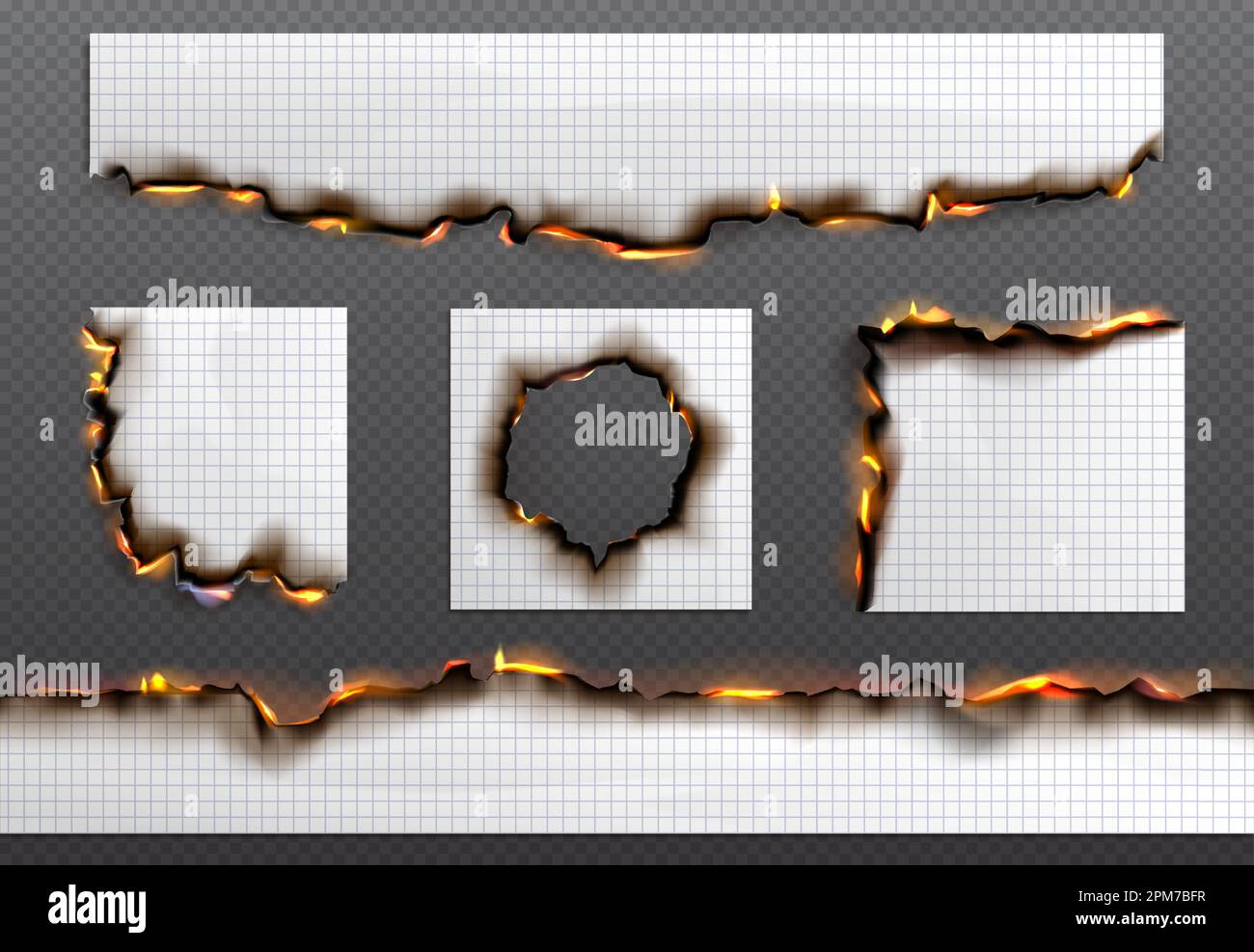Realistic burnt paper edge with grid vector set. Burn effect with fire ...