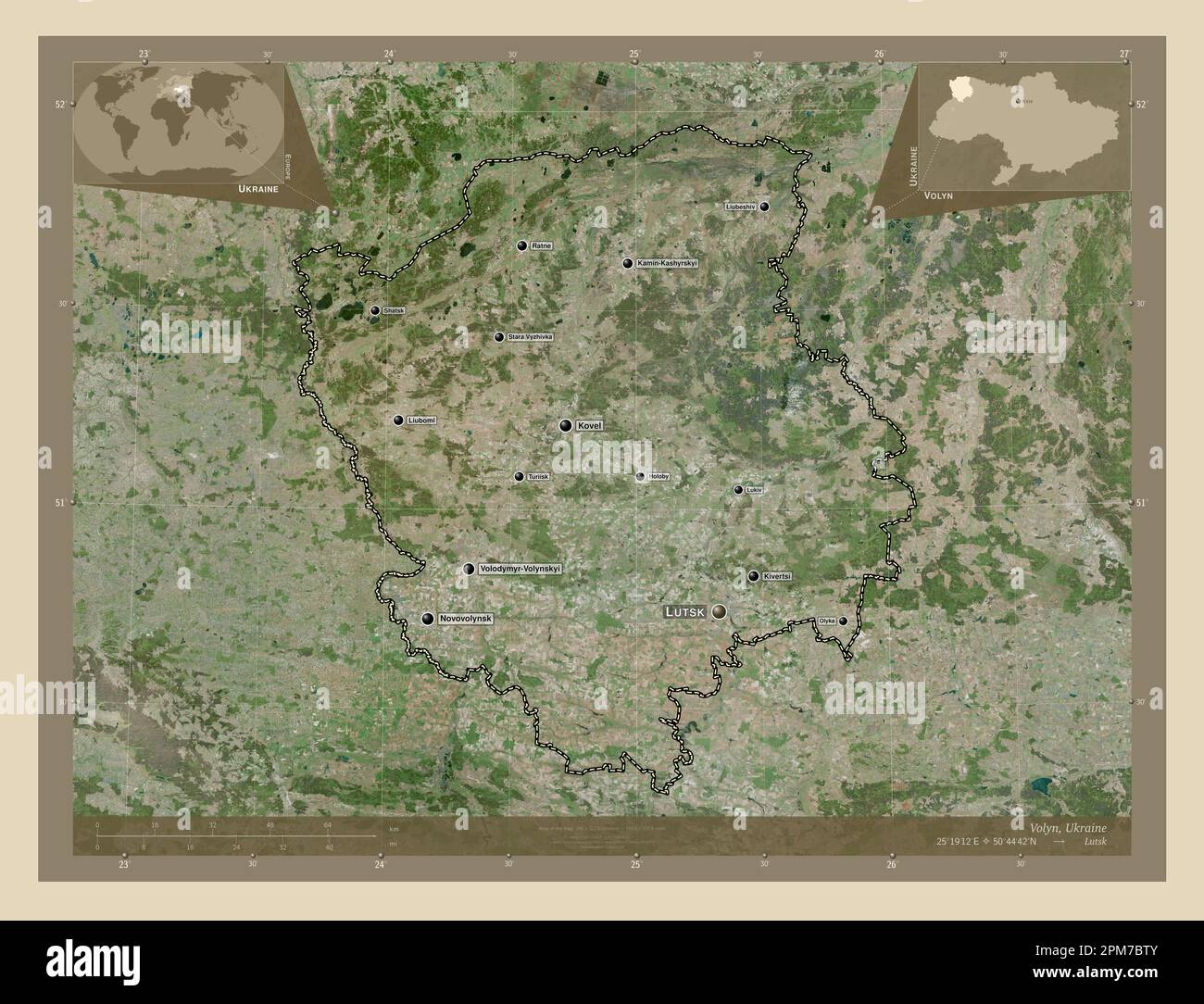 Volyn, region of Ukraine. High resolution satellite map. Locations and ...