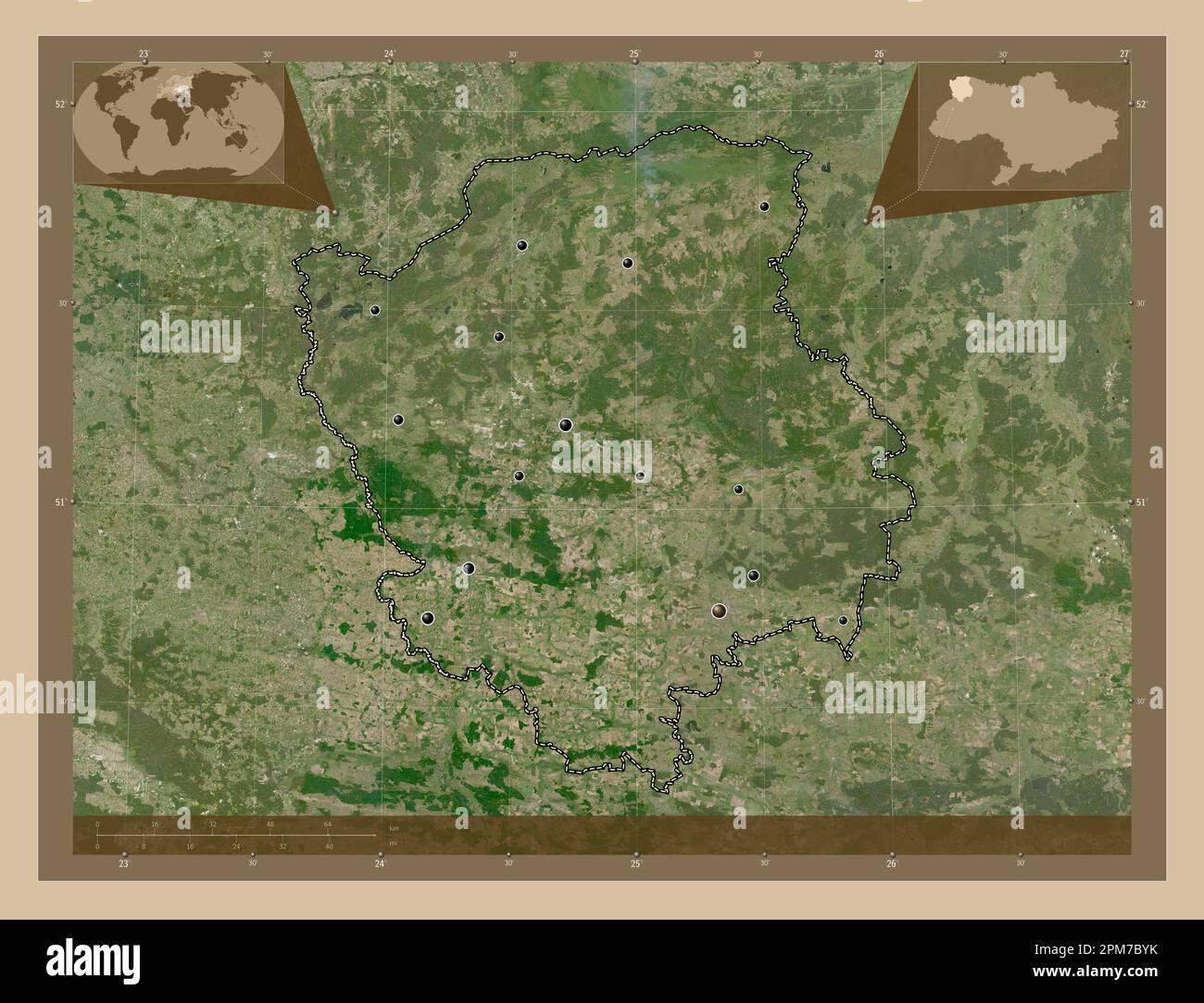 Volyn, region of Ukraine. Low resolution satellite map. Locations of ...