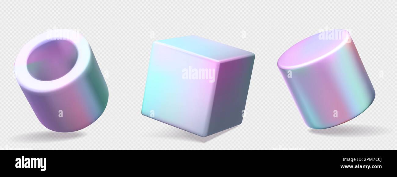 Realistic 3D set of iridescent geometric figures isolated on ...
