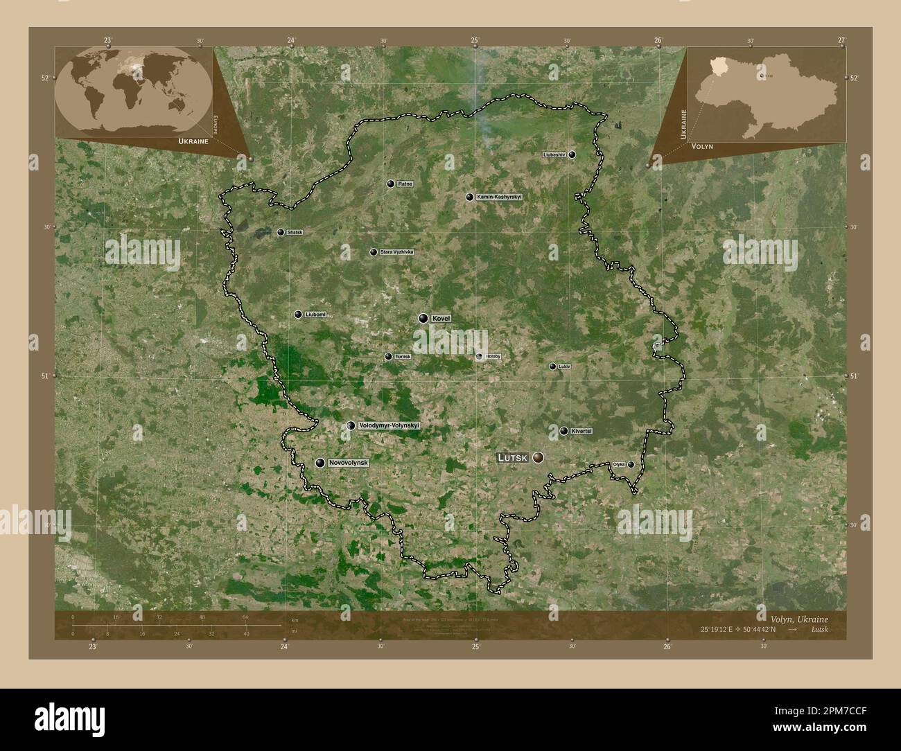Volyn, region of Ukraine. Low resolution satellite map. Locations and ...