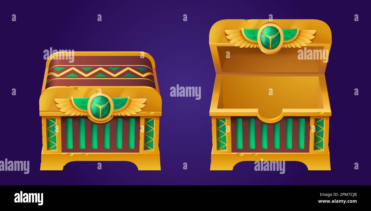 Closed and open Egyptian treasure chest set isolated on background ...