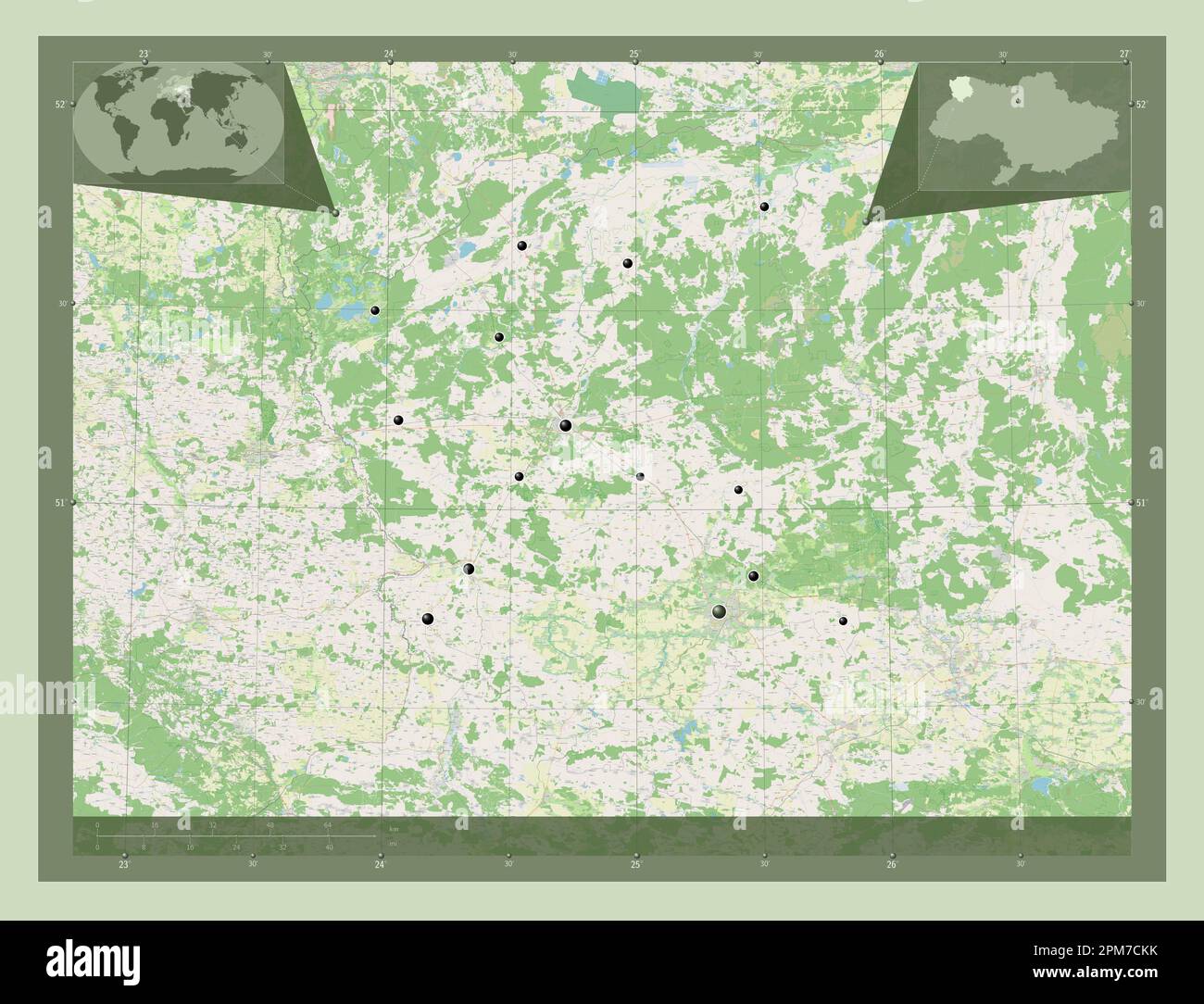 Volyn, region of Ukraine. Open Street Map. Locations of major cities of ...