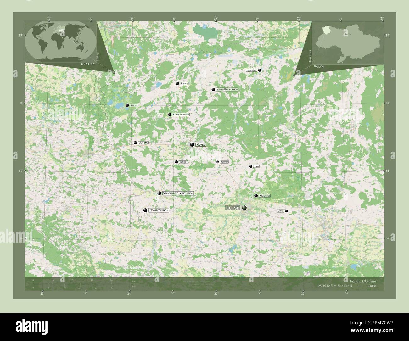 Volyn, region of Ukraine. Open Street Map. Locations and names of major ...