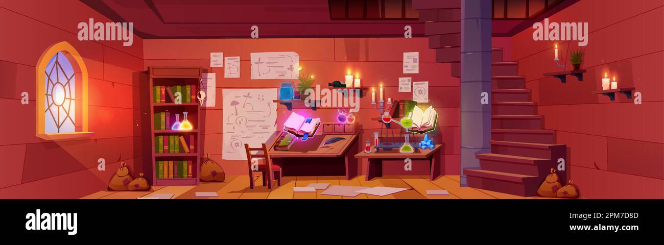 Magic wizard lab cartoon background. Medieval witch room interior with ...
