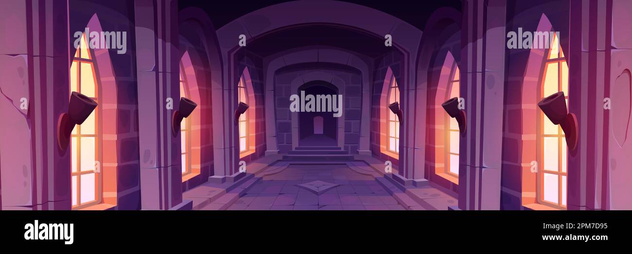 Ancient palace or castle interior. Old building corridor with windows ...