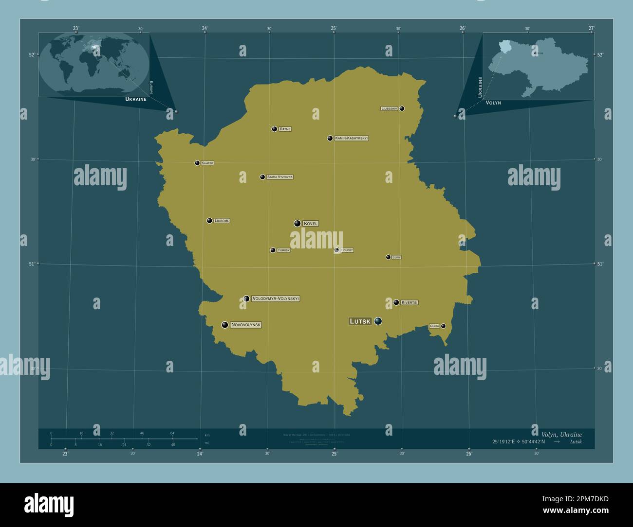 Volyn, region of Ukraine. Solid color shape. Locations and names of ...