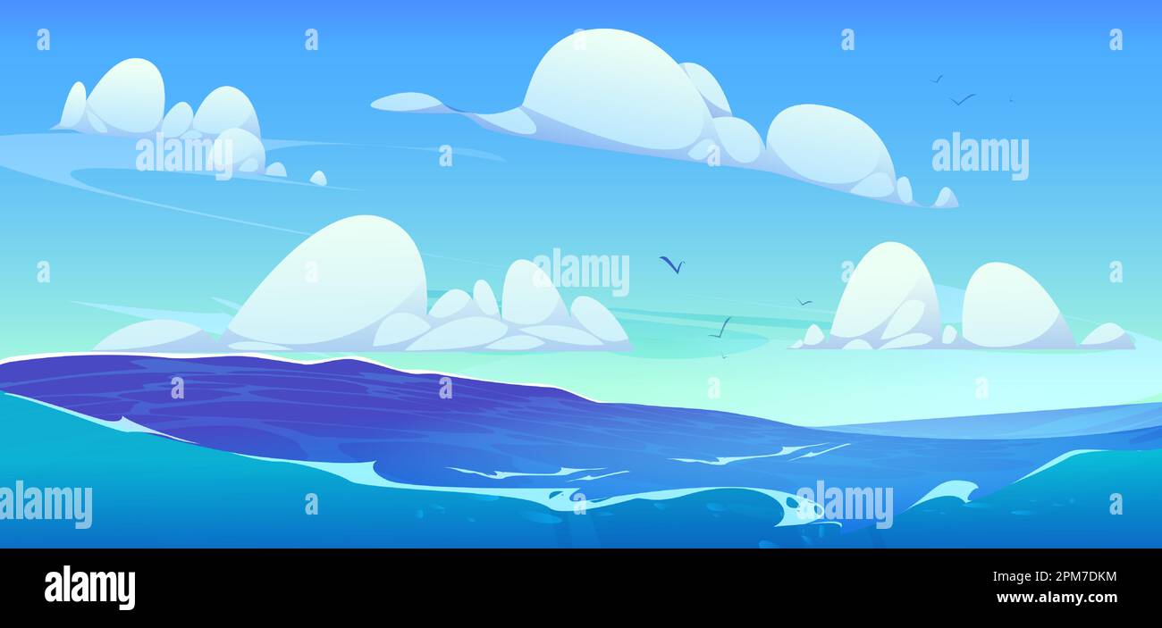 Ocean wave and blue sky with cloud vector background. Sea cartoon ...