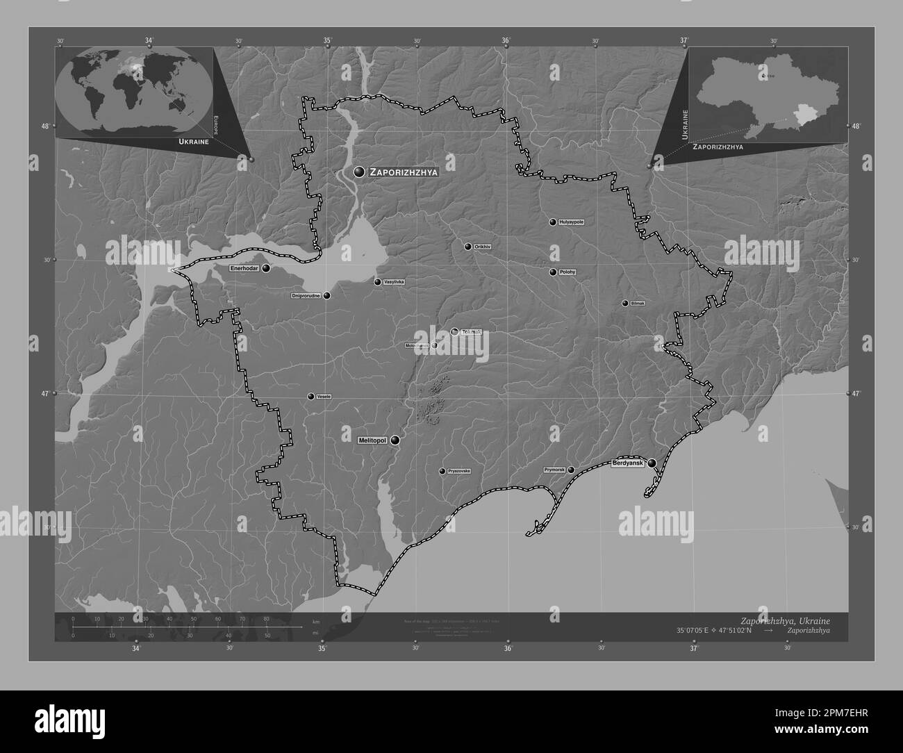 Zaporizhzhya, region of Ukraine. Bilevel elevation map with lakes and ...
