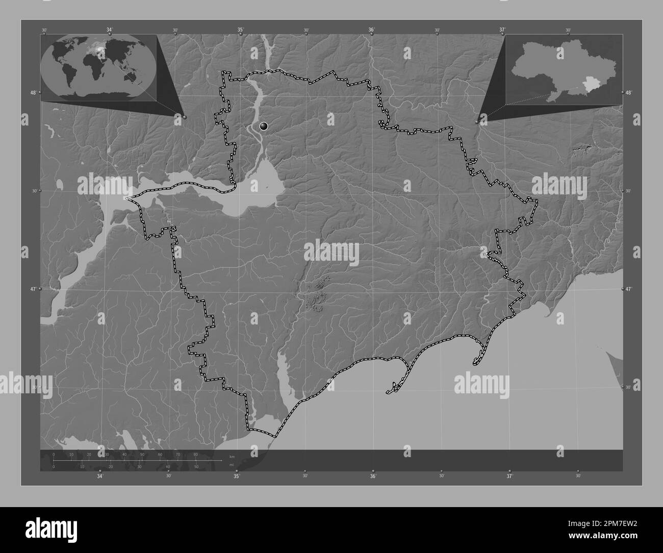 Zaporizhzhya, region of Ukraine. Bilevel elevation map with lakes and ...
