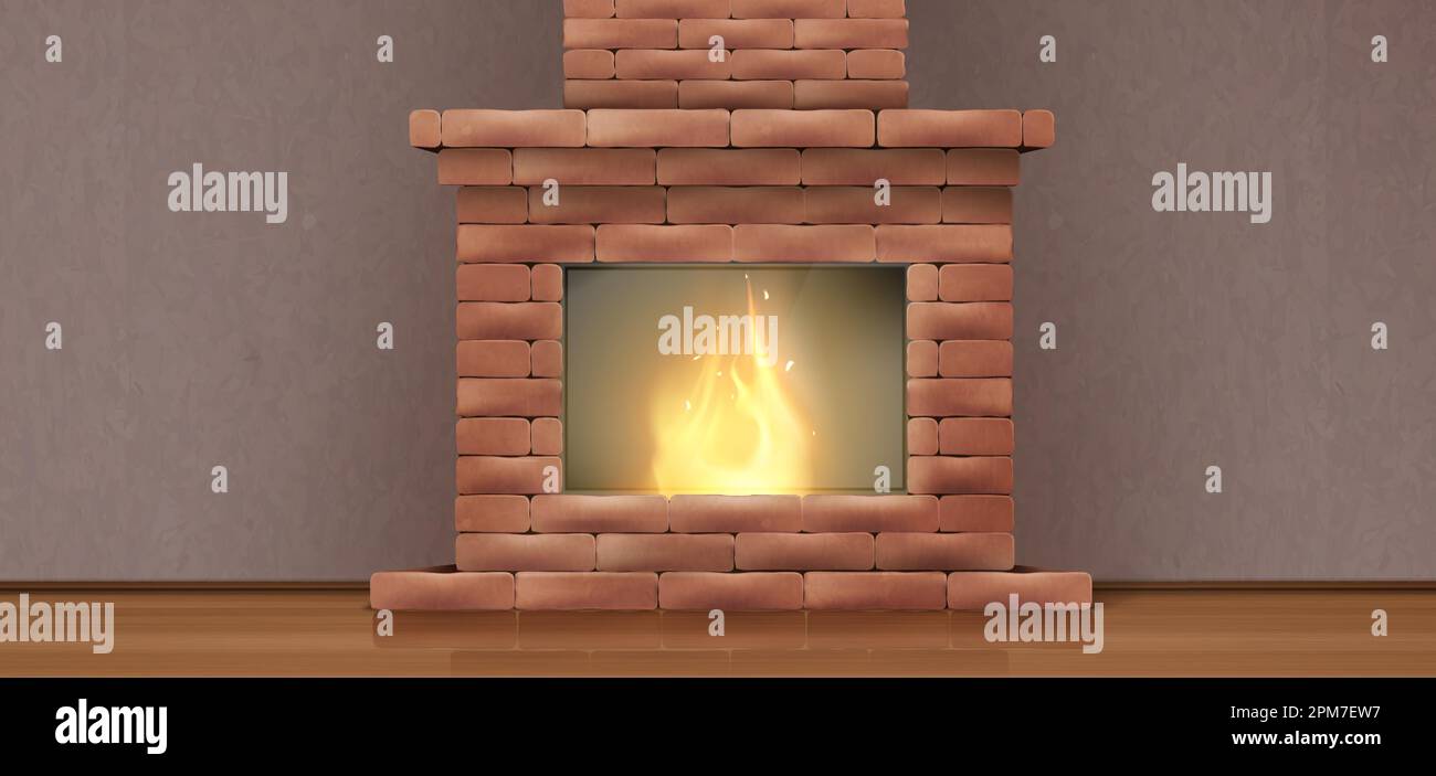 Old fireplace with fire and chimney in home interior. Empty room with ...