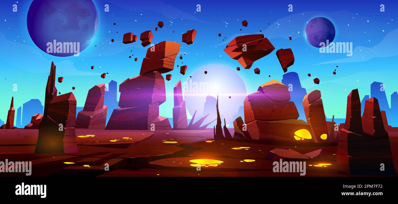 Cartoon alien planet surface with stones and cracks. Vector ...