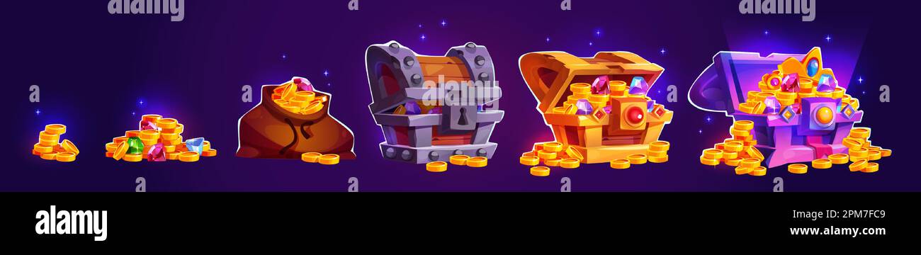 Game open pirate treasure chest with gold coin icon set. Money box with ...