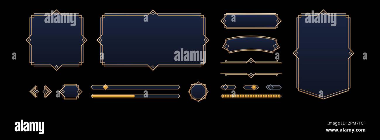 Game UI elements with gold frames in medieval style. Buttons, banners different shapes, progress ...
